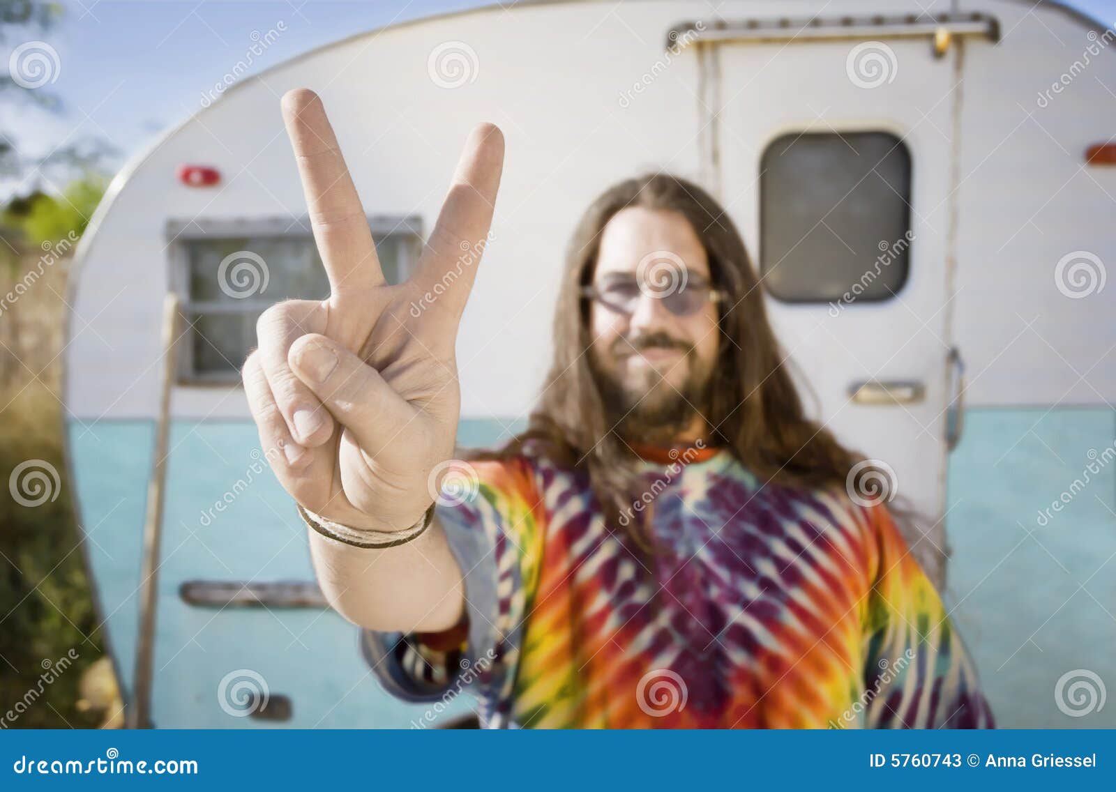Man in Front of a Trailer Making a Peace Sign Stock Image - Image of ...