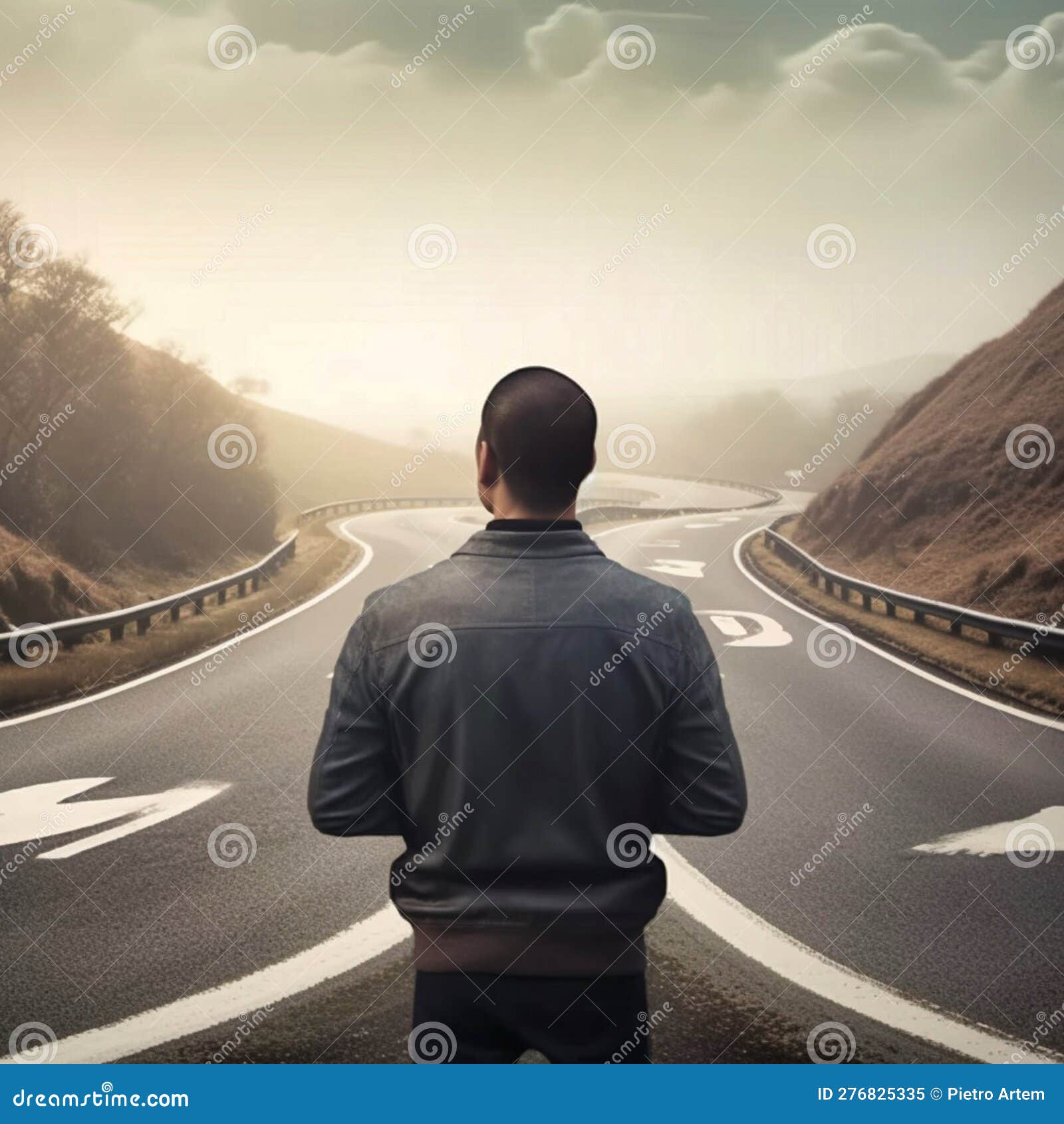Man in Front of Two Roads Thinking Deciding Hoping, Generative AI Stock ...