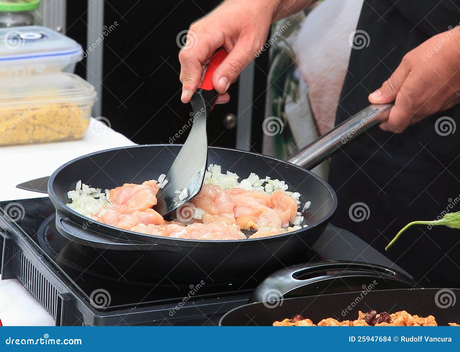 Man Frying Chicken and Onions Stock Photo - Image of chef, meat: 25947684
