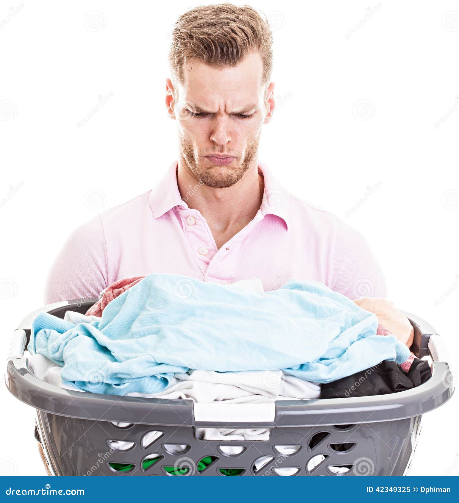 Man With Full Basket Of Laundry Isolated Stock Image Image Of Beard Concentrating 42349325