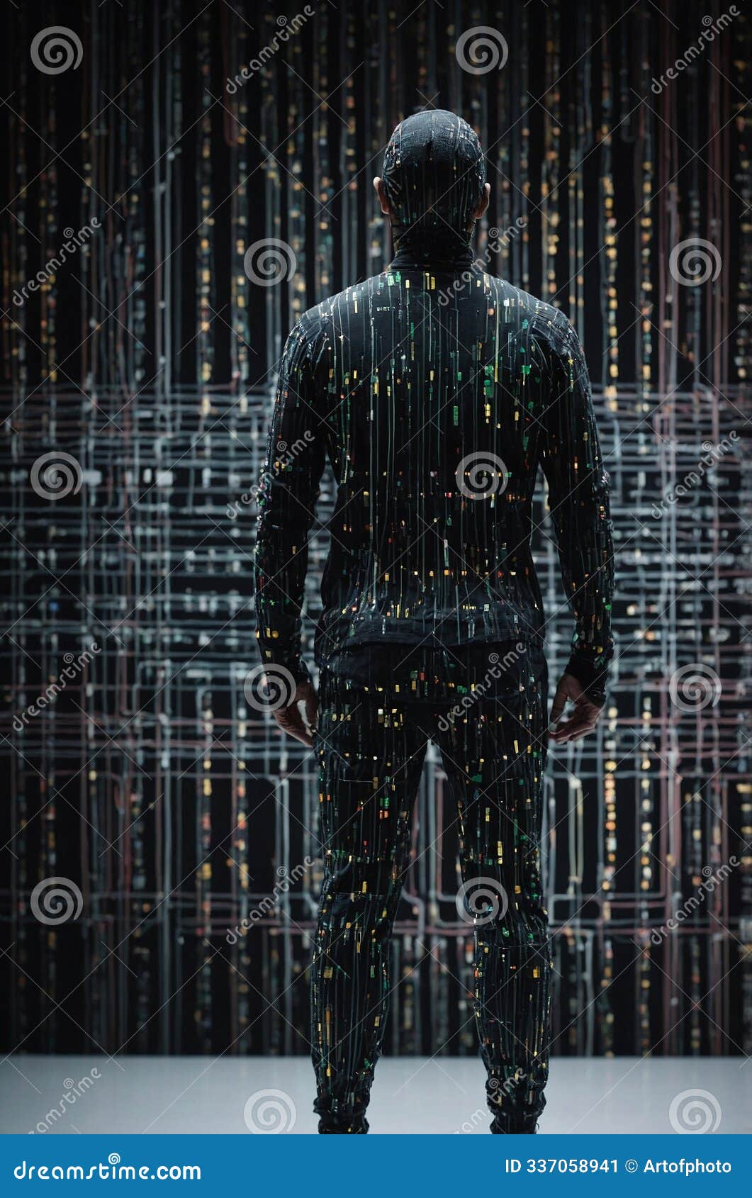 A Man in a Digital Code Shape Stands in Front of a Futuristic Backdrop ...