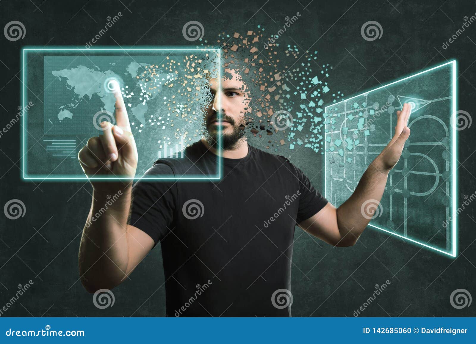 Man from the Future Operating with Floating Monitors. Concept for ...