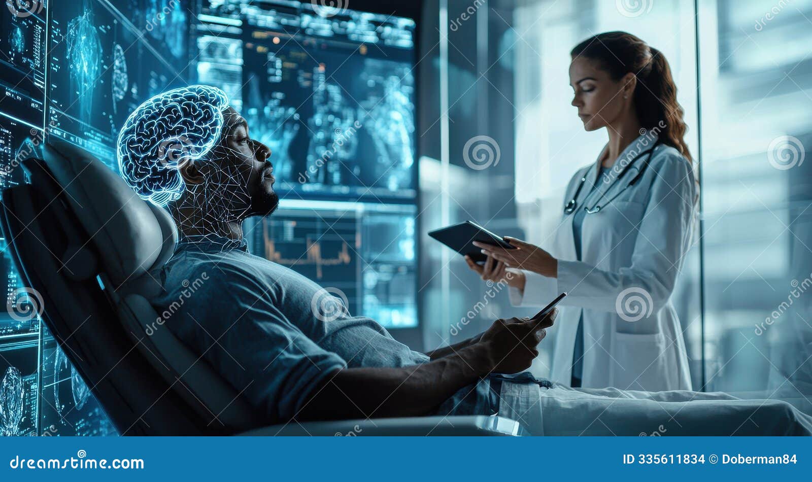 Man in Futuristic Brain Scan Session with a Doctor Taking Notes on a ...