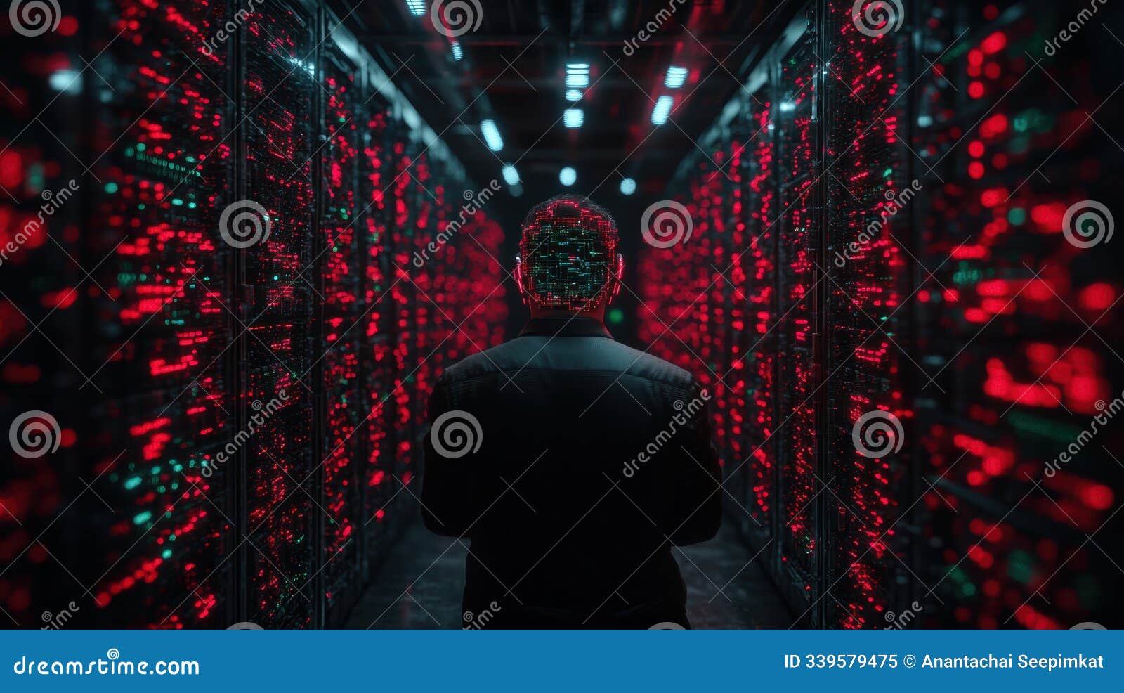A Man with a Futuristic Digital Interface for a Head Stands in a High-tech Server Room Filled ...