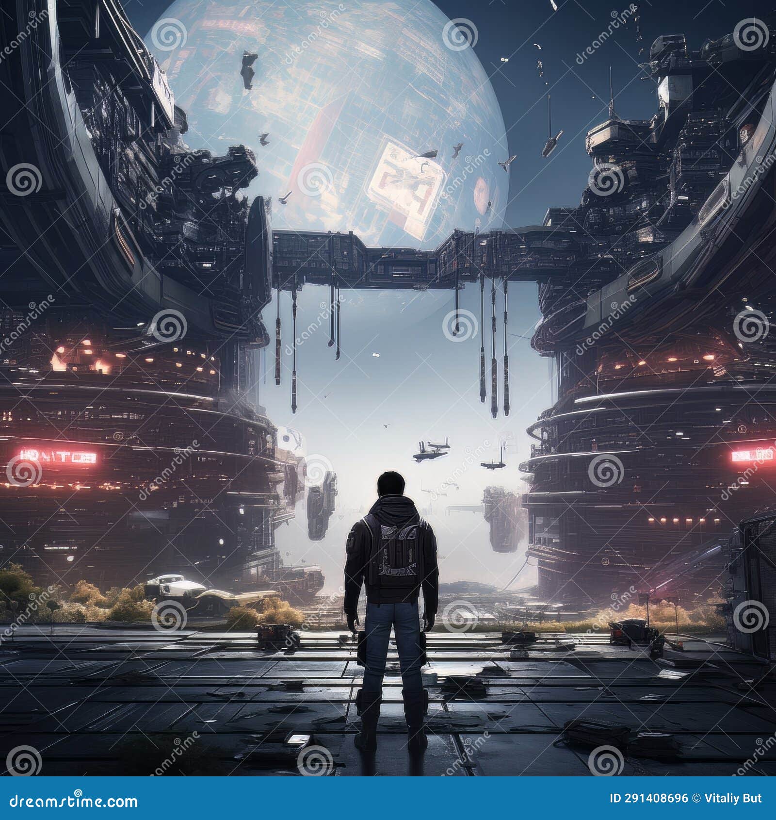 Man and Futuristic Technological Progress Planet. Future Technologies ...