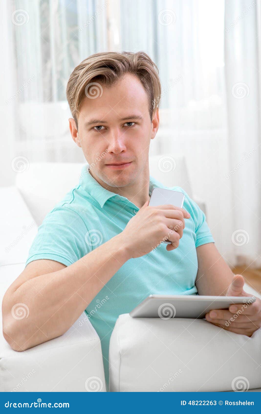 Man with Gadget Sitting at Home Stock Image - Image of leisure, adult ...