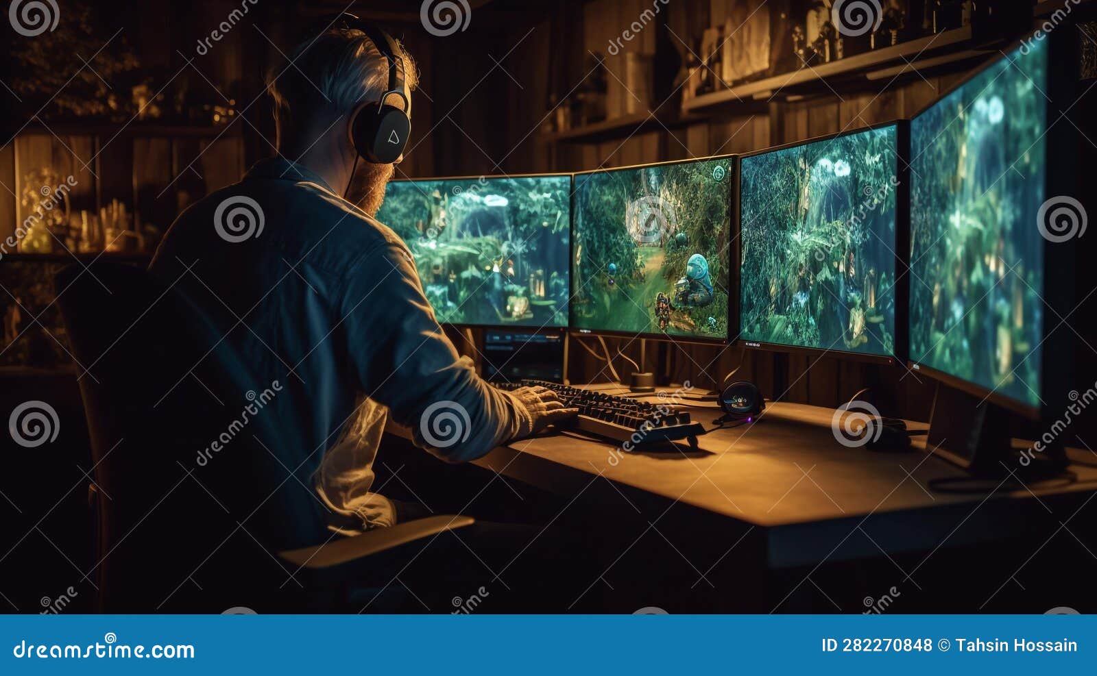 Man in a Game Developer Immersed in the Creative Process, Surrounded by ...
