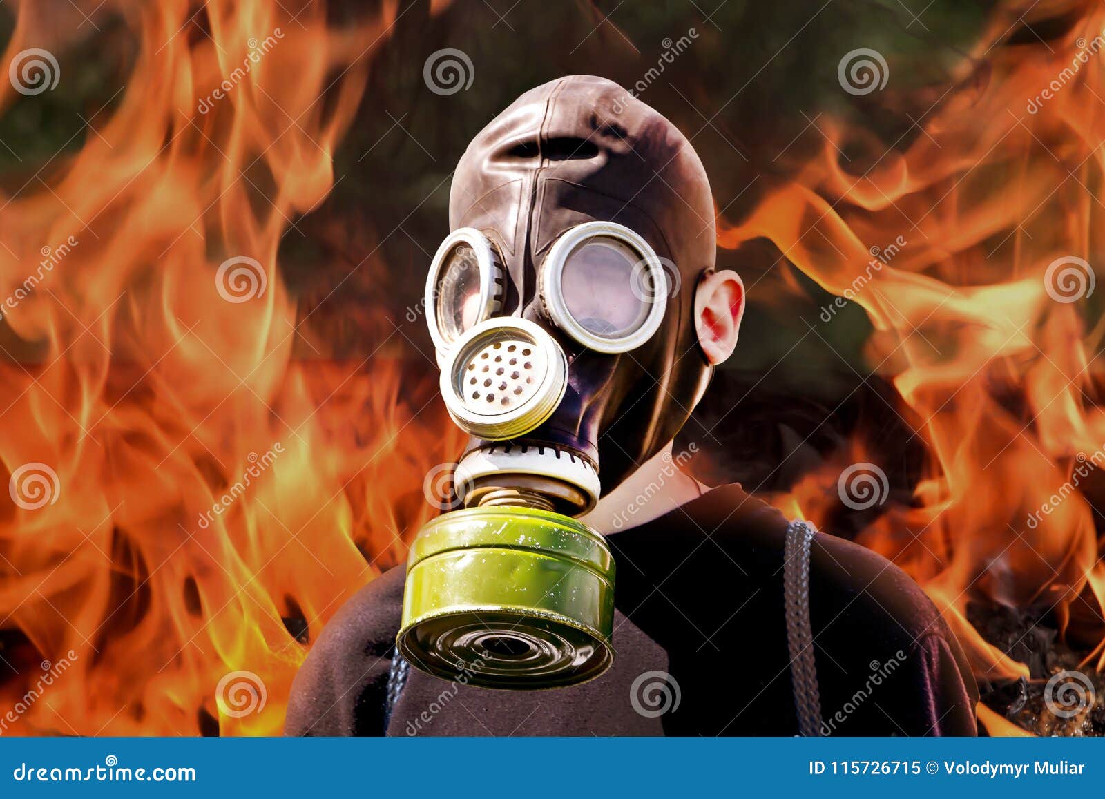Man in Gas Mask on Background of Fire during Fire. Means of P Editorial ...