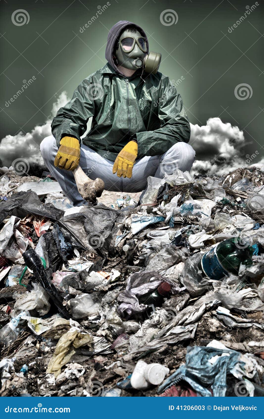 Man in a Gas Mask Sitting on the Garbage and Holding a Bone Stock Image ...