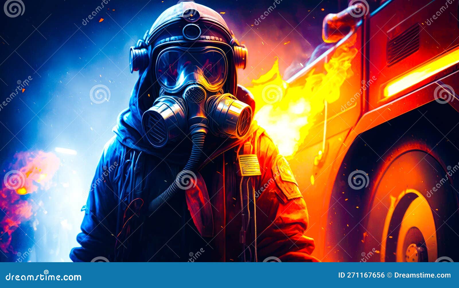 Man in Gas Mask Standing in Front of Fire Truck. Generative AI Stock ...