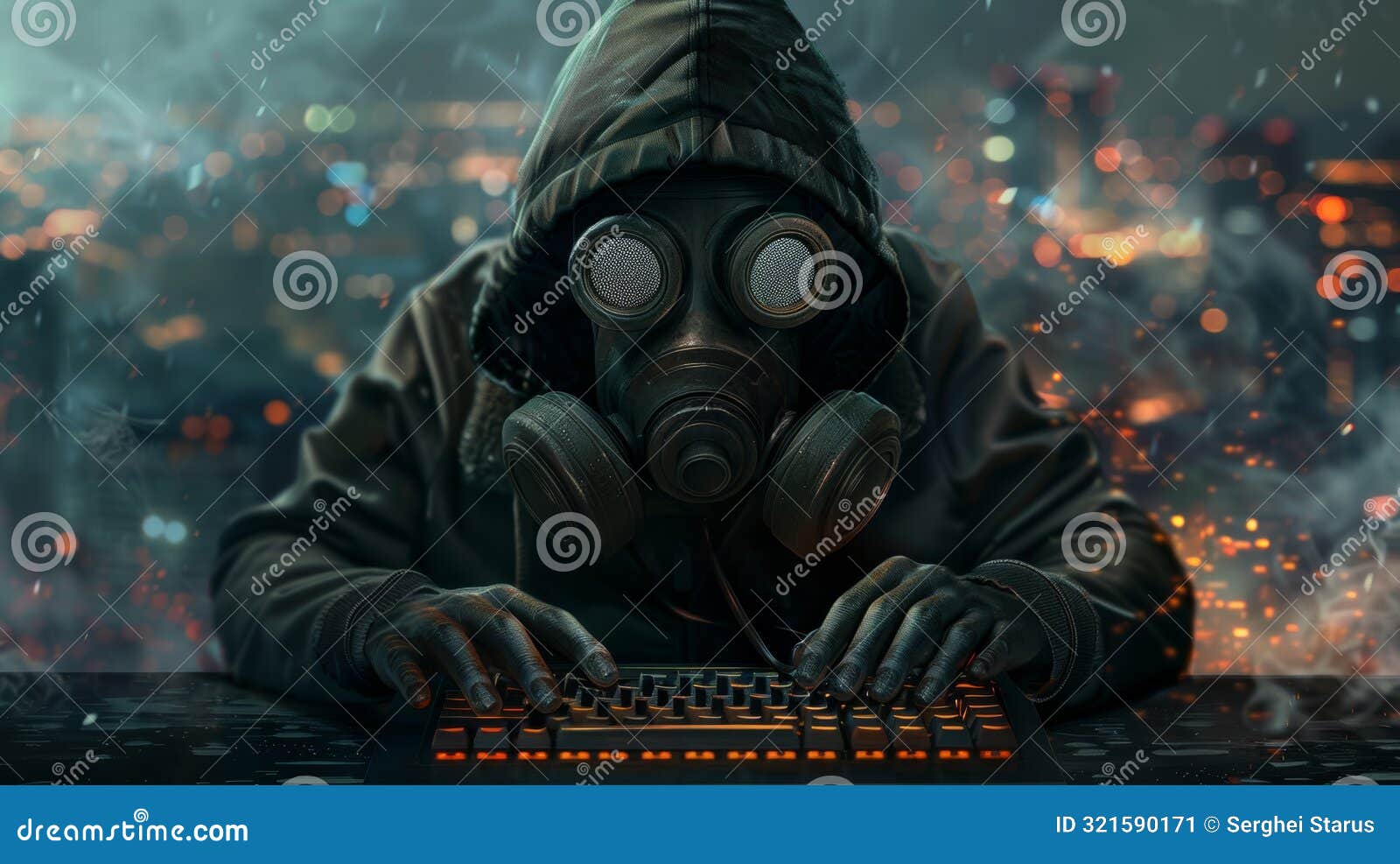 A Man in a Gas Mask Typing on the Keyboard, AI Stock Image - Image of ...