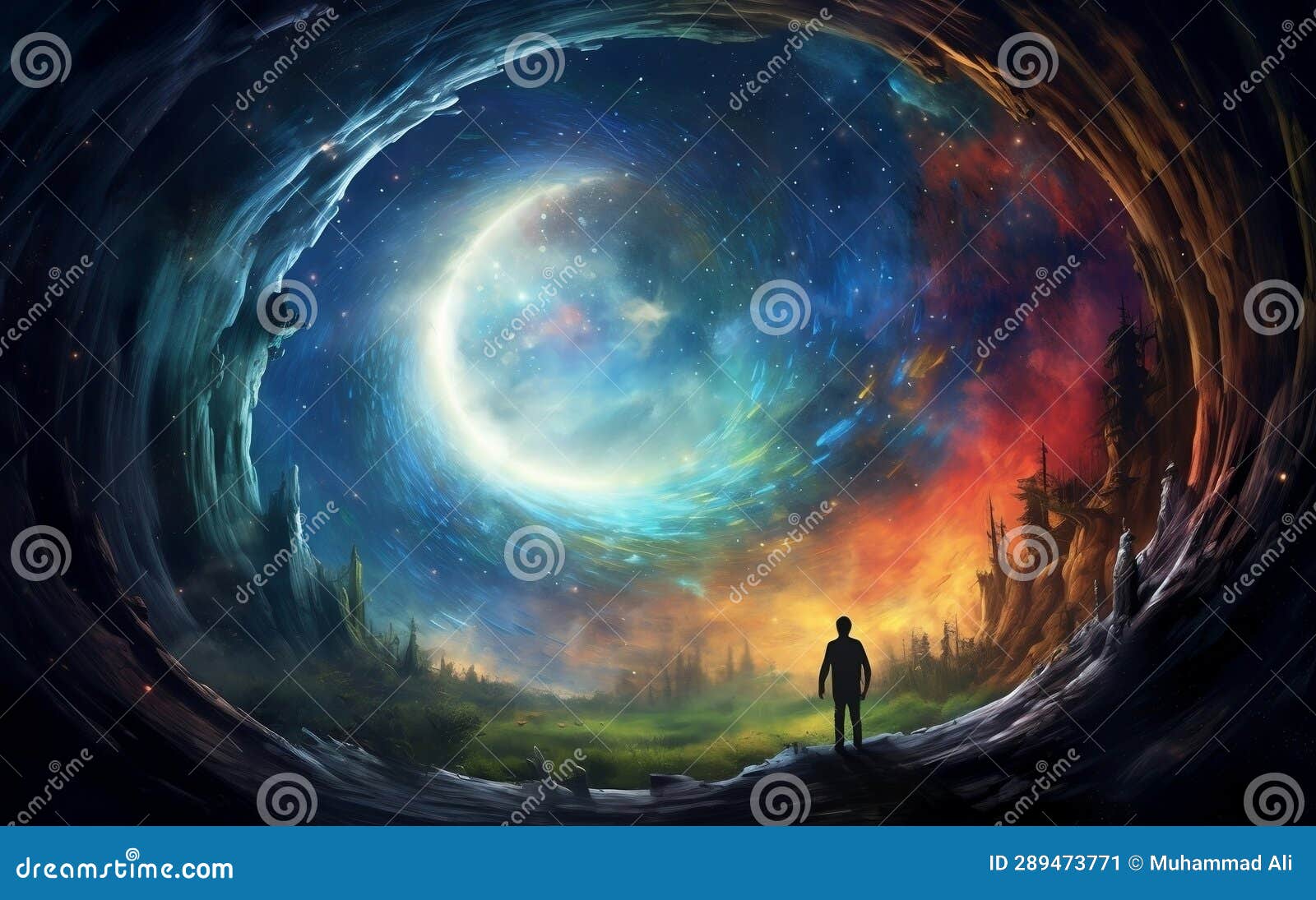 Man Gaze into a Vibrant Alternate Universe. Generative AI Stock ...