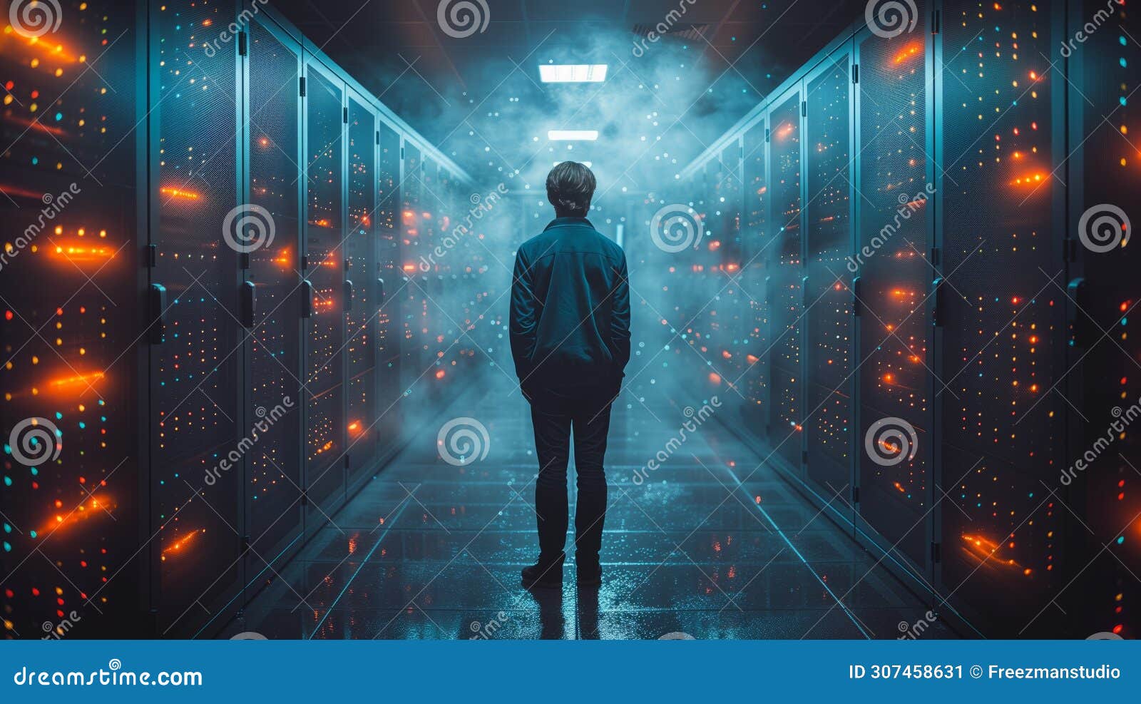 A Man Gazes at a Cluster of Servers in an Electric Bluelit Server Room ...