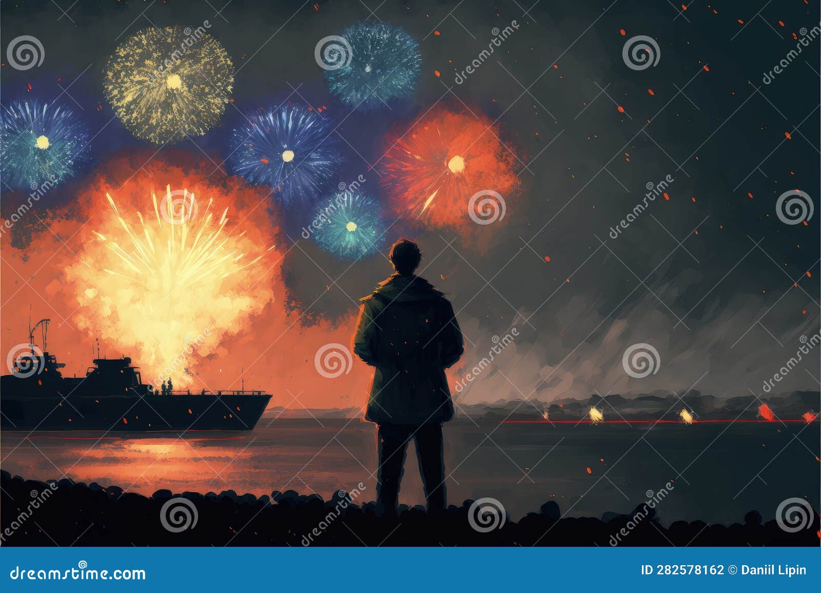A Man Admires Destroyed Vessels on the Shore Amid a Display of ...