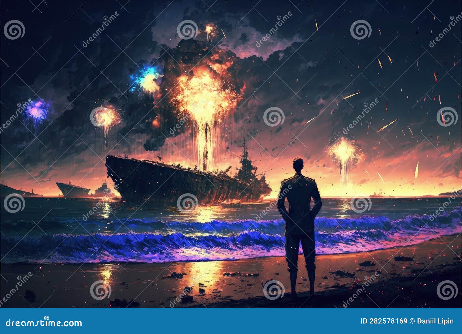 A Man Admires Destroyed Vessels on the Shore Amid a Display of ...