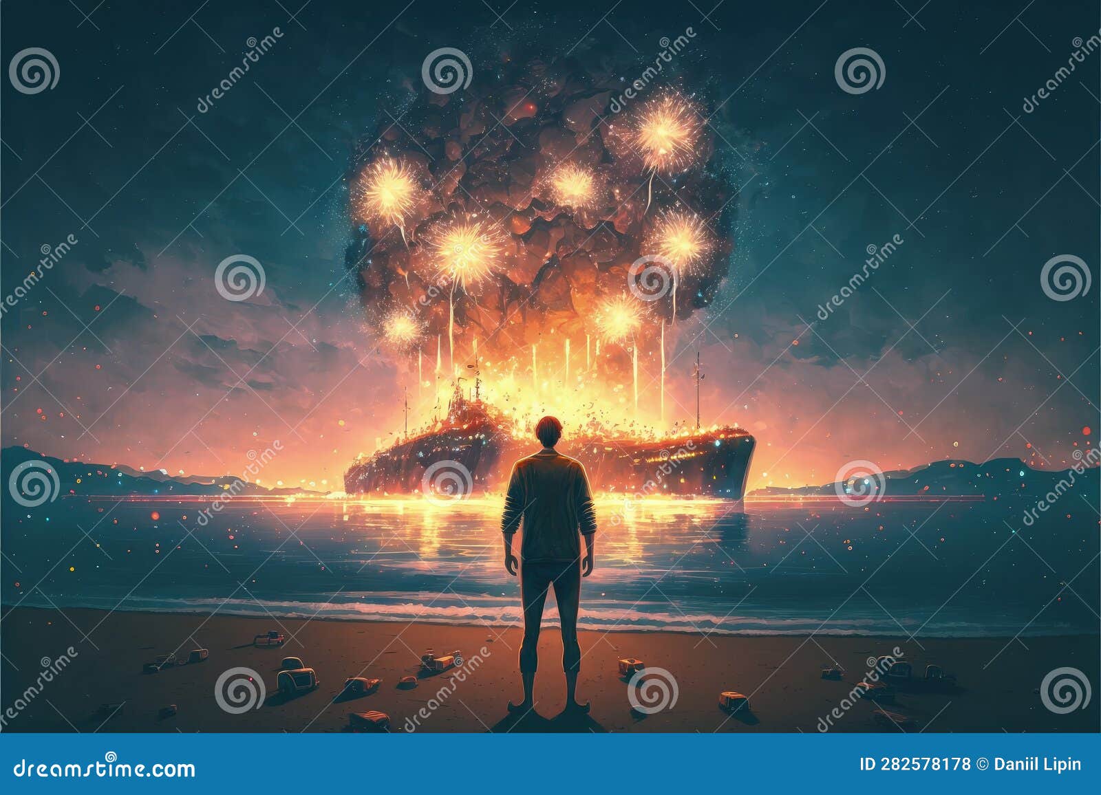 A Man Admires Destroyed Vessels On The Shore Amid A Display Of ...