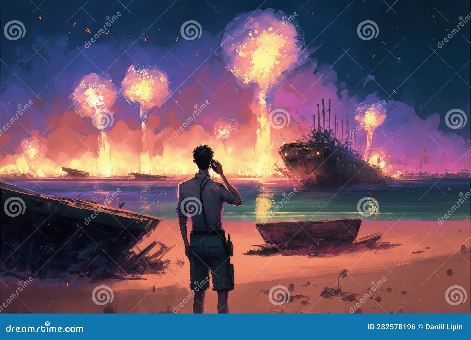 A Man Admires Destroyed Vessels on the Shore Amid a Display of ...