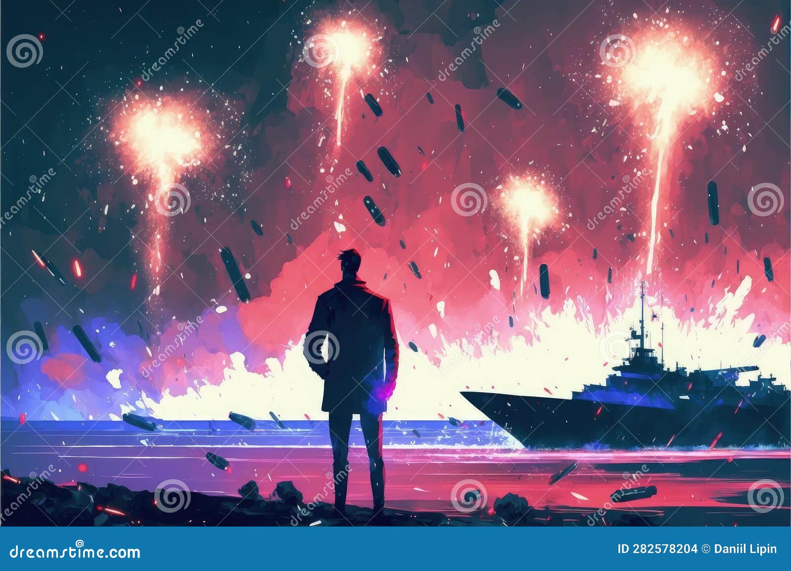 A Man Admires Destroyed Vessels on the Shore Amid a Display of ...