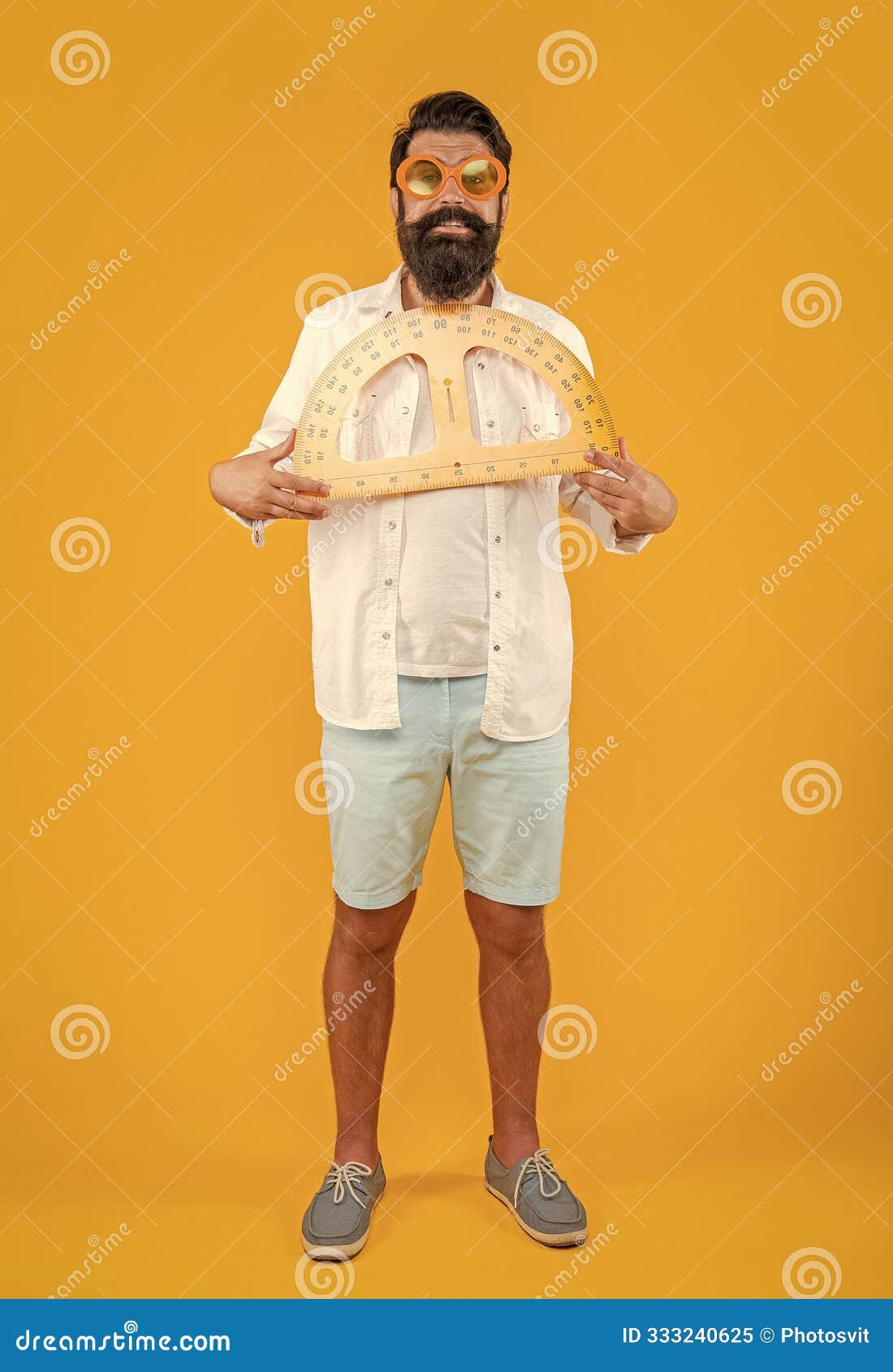 Man with Geometry Protractor in Studio. Man Hold Geometry Protractor on ...