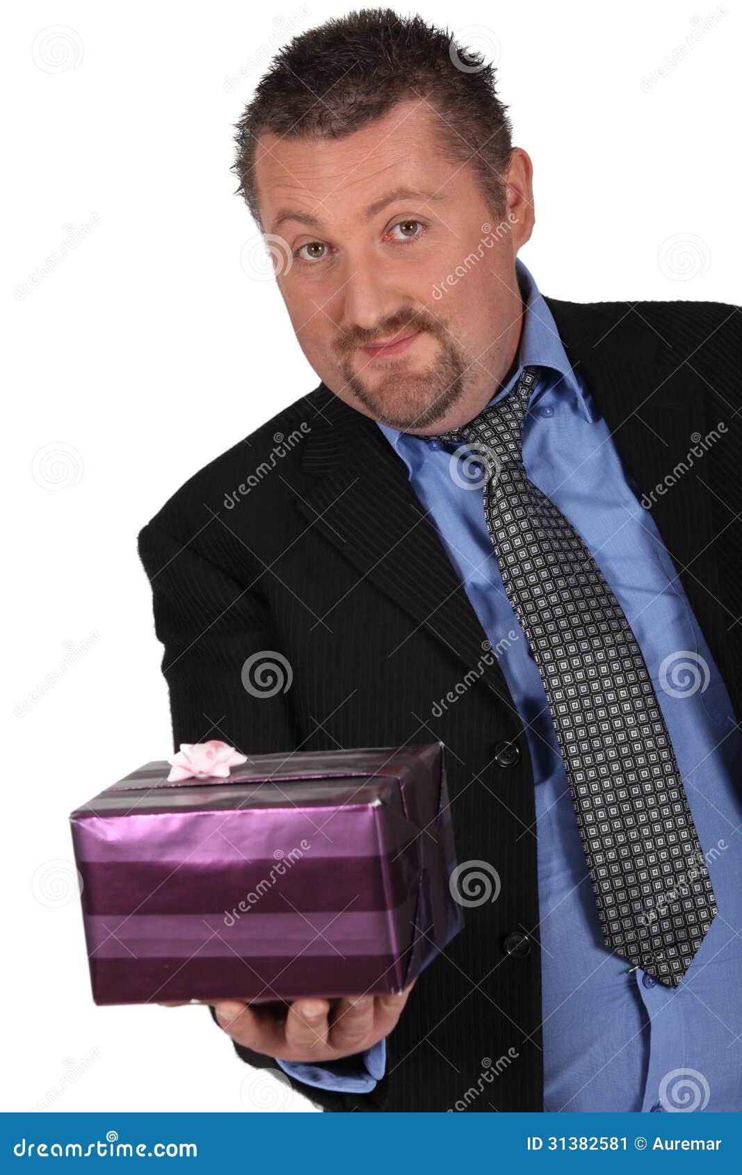 Man with gift package stock image. Image of goatee, purple - 31382581