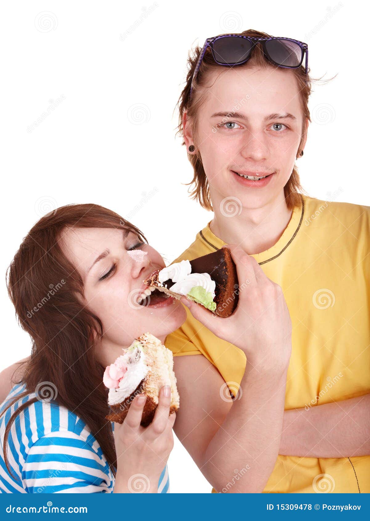Man and girl eating cake. stock photo. Image of chocolate - 15309478