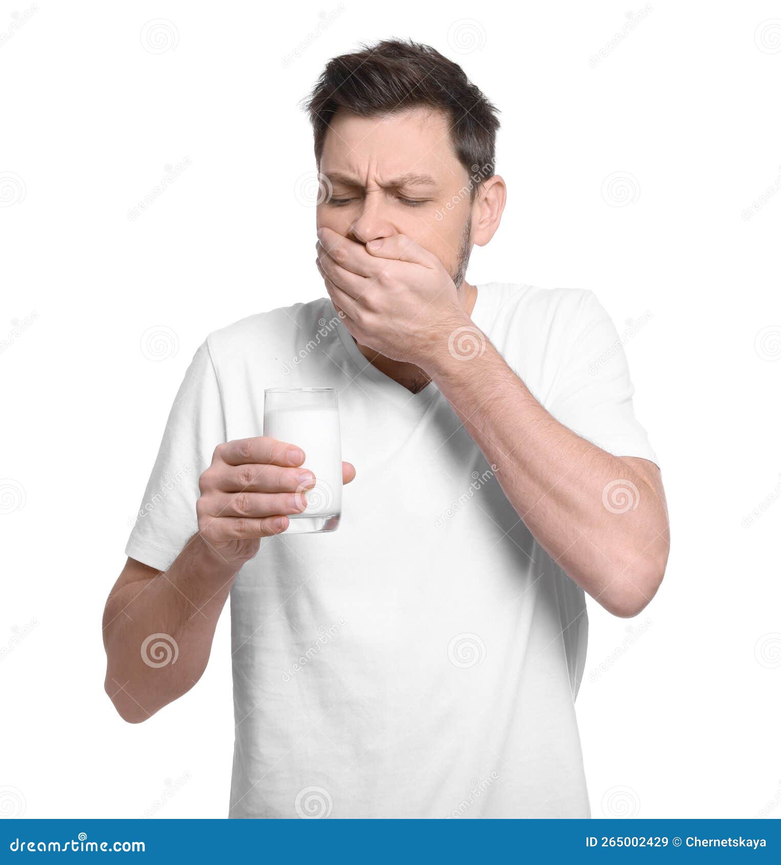 Man with Glass of Milk Suffering from Lactose Intolerance on White ...