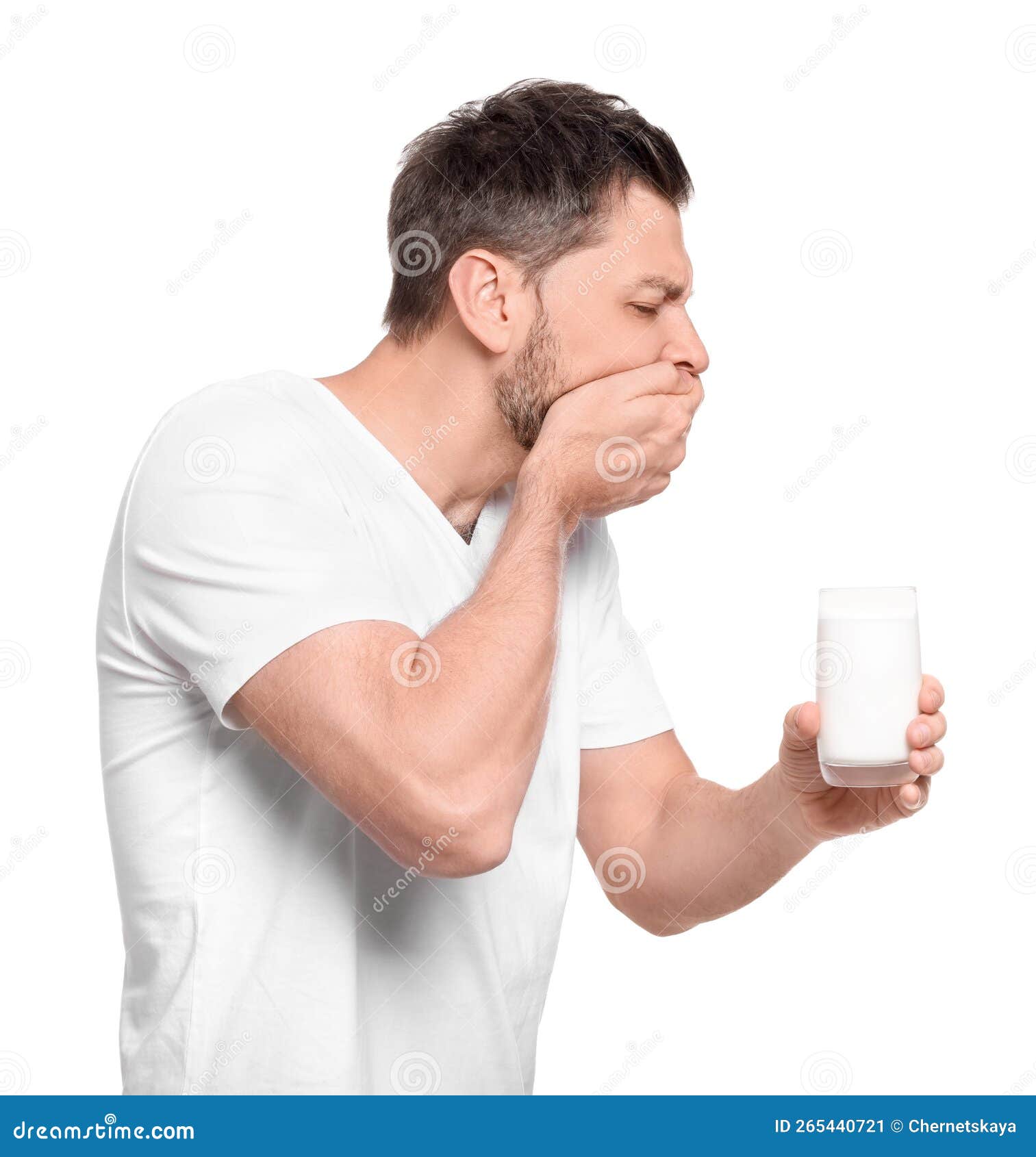 Man with Glass of Milk Suffering from Lactose Intolerance on White ...