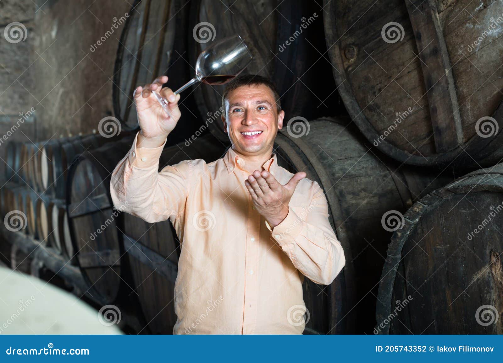 Man with Glass of Wine in Winery Cellar. Stock Photo - Image of barrels ...