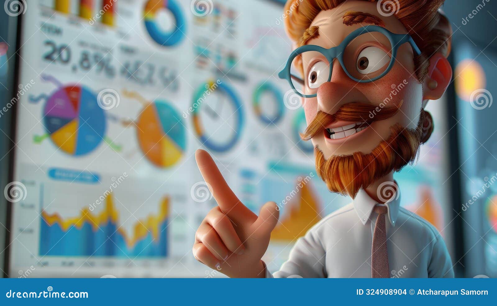 A Man with Glasses Pointing at a Graph on a Screen Stock Illustration ...