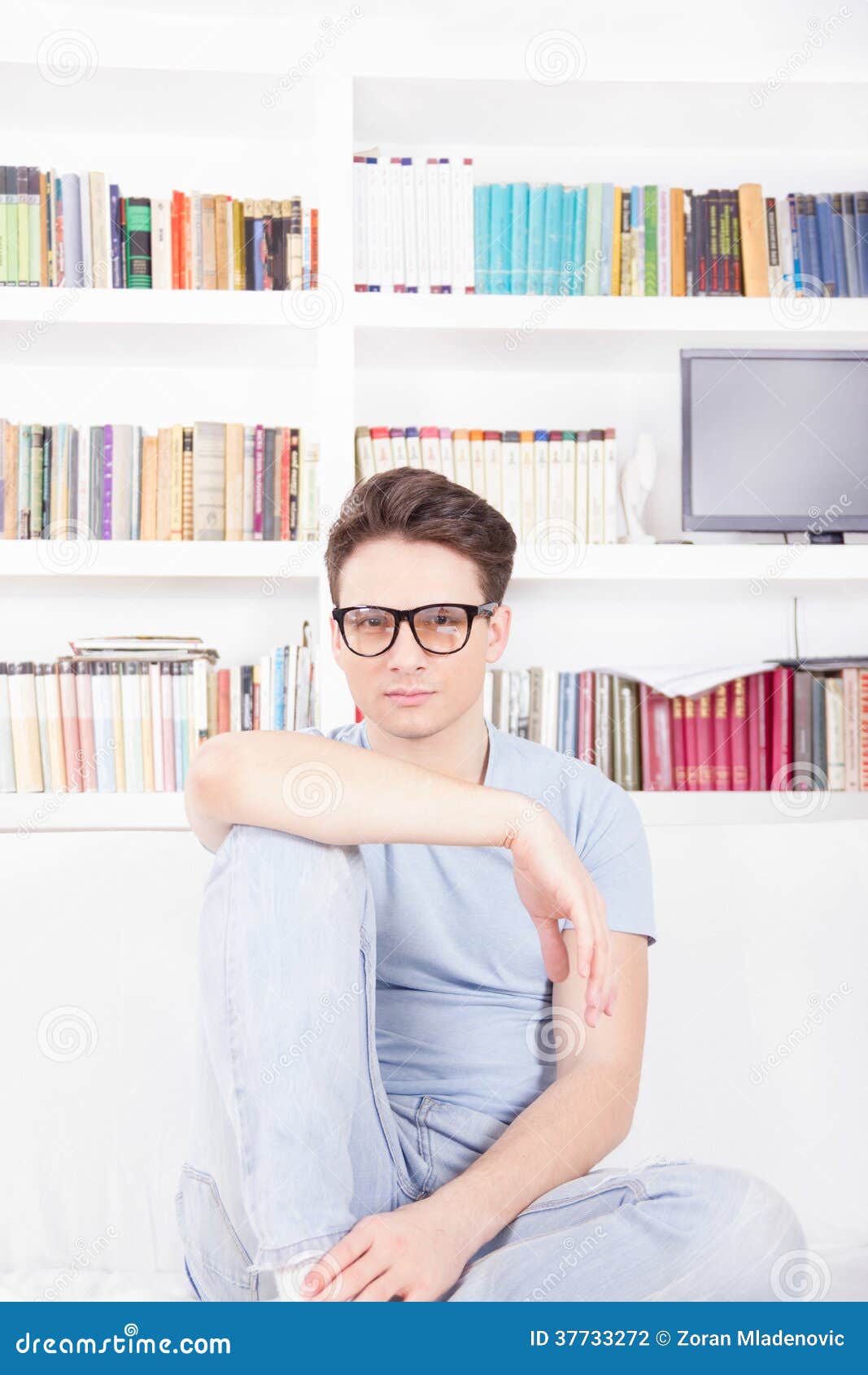 Man with Glasses Posing in Front of Library Stock Photo - Image of ...