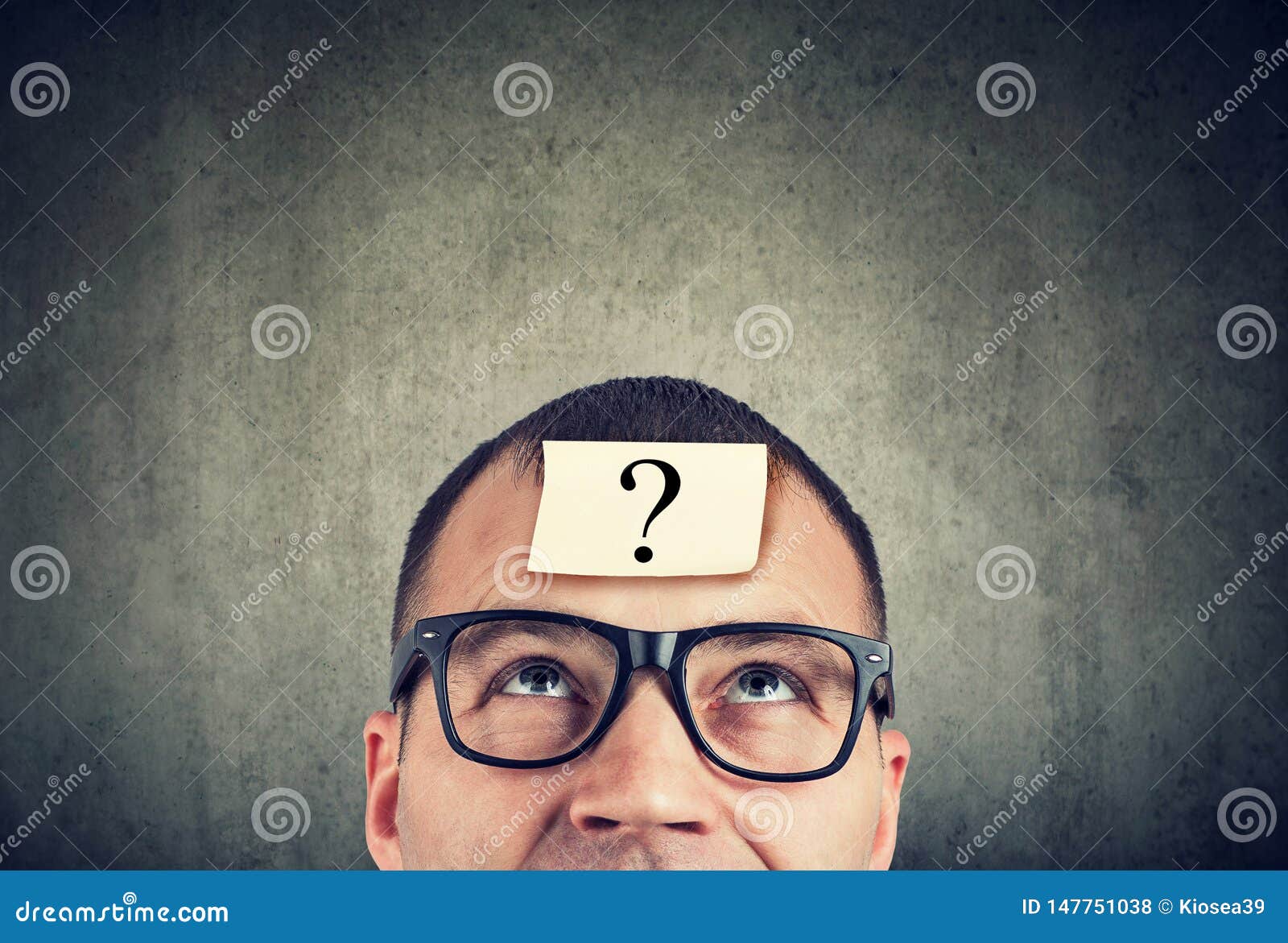 Man in Glasses with Question Mark Looking Up Stock Photo - Image of ...