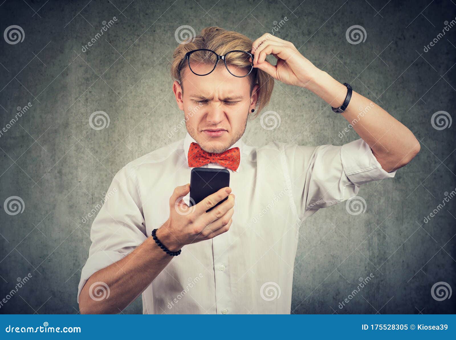 Man with Glasses Using Mobile Phone on Having Vision Problem Stock ...