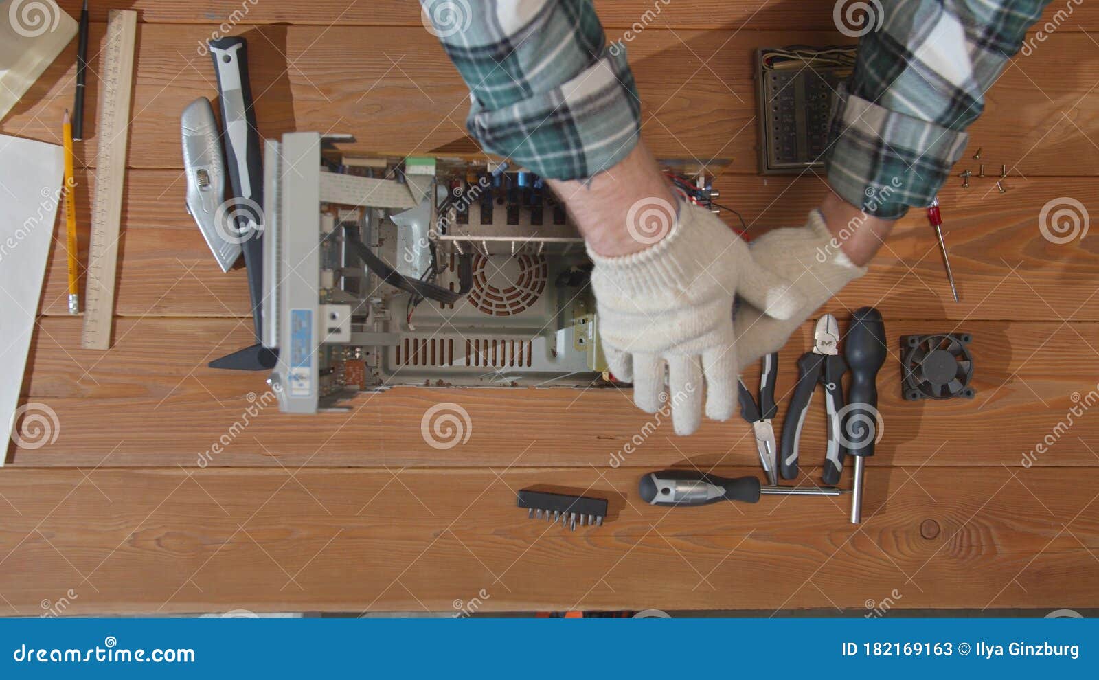 Repairman Disassembles a Computer. Top View Stock Image - Image of ...