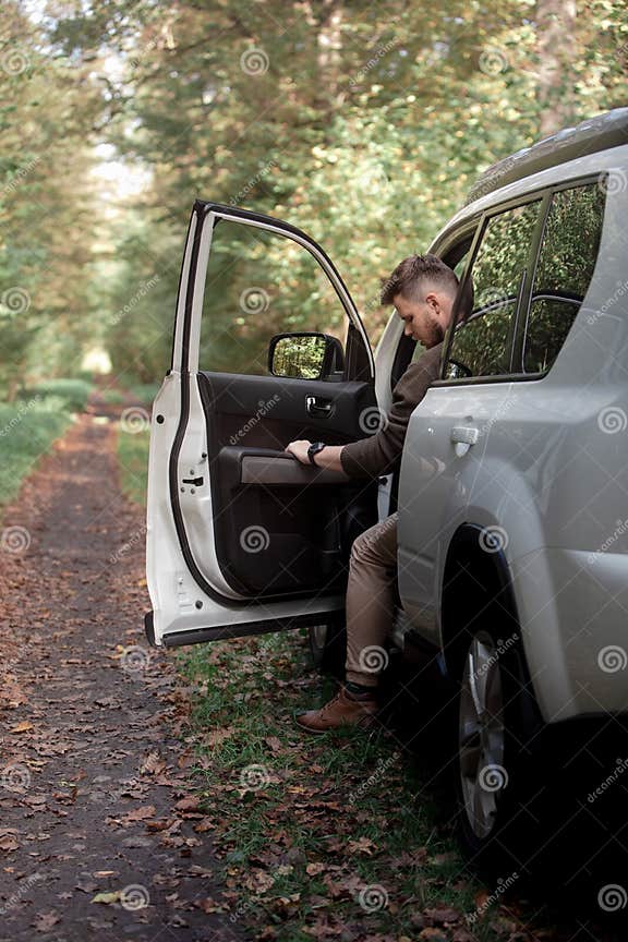 Man Goes Out of Car Open Doors Stock Image - Image of wood, leisure ...