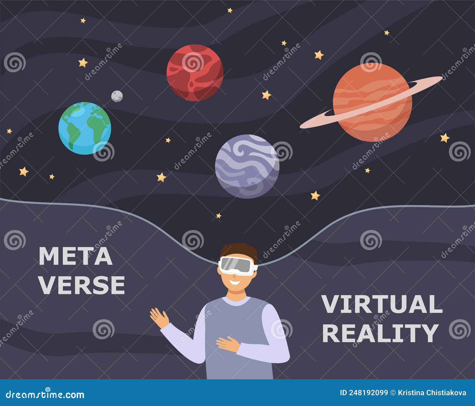 Man with Goggle Sees Space. Concept of Surrealism, Immersive Experience ...