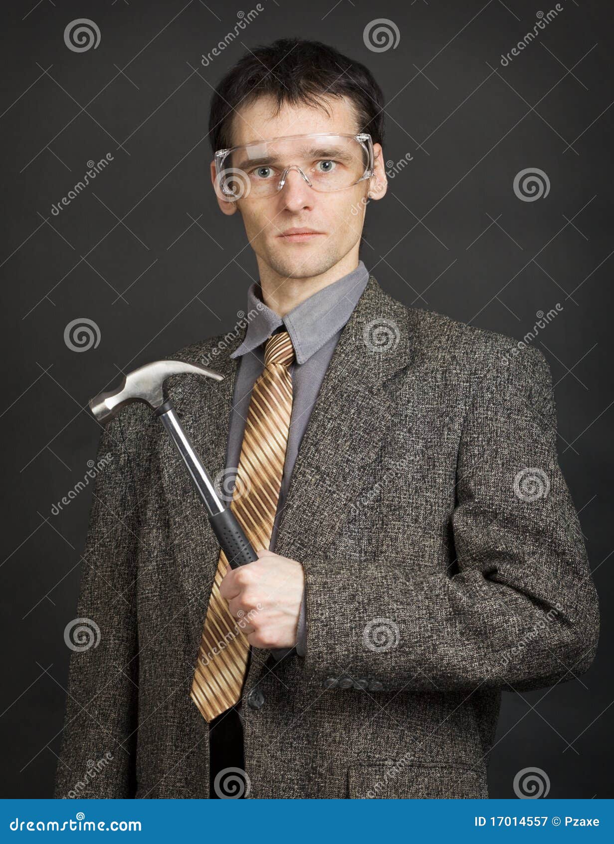 Man in Goggles Keeps in Readiness a Hammer Stock Image - Image of ...