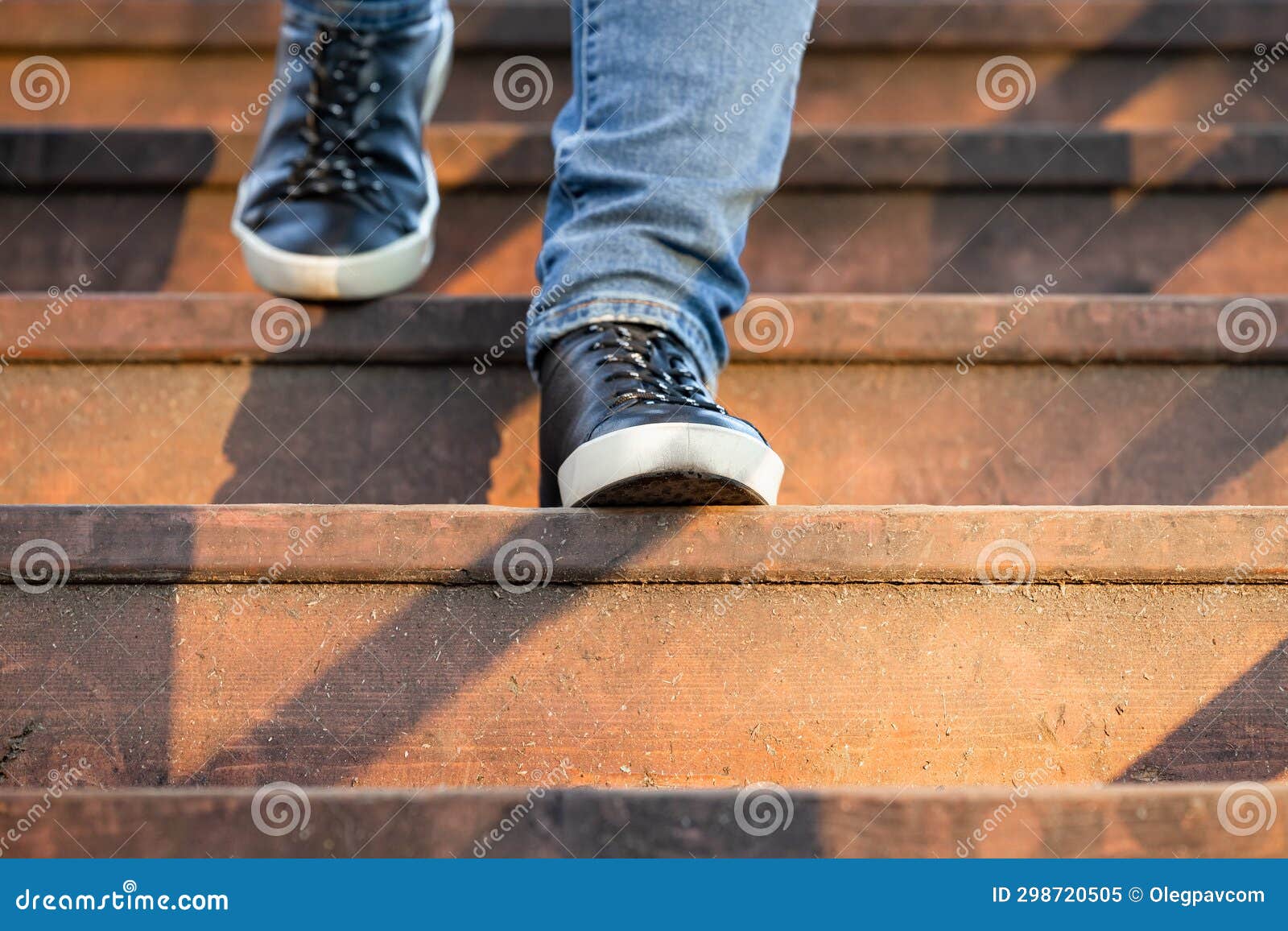 Man Going Down the Wooden Steps of the Stairs Stock Image - Image of ...