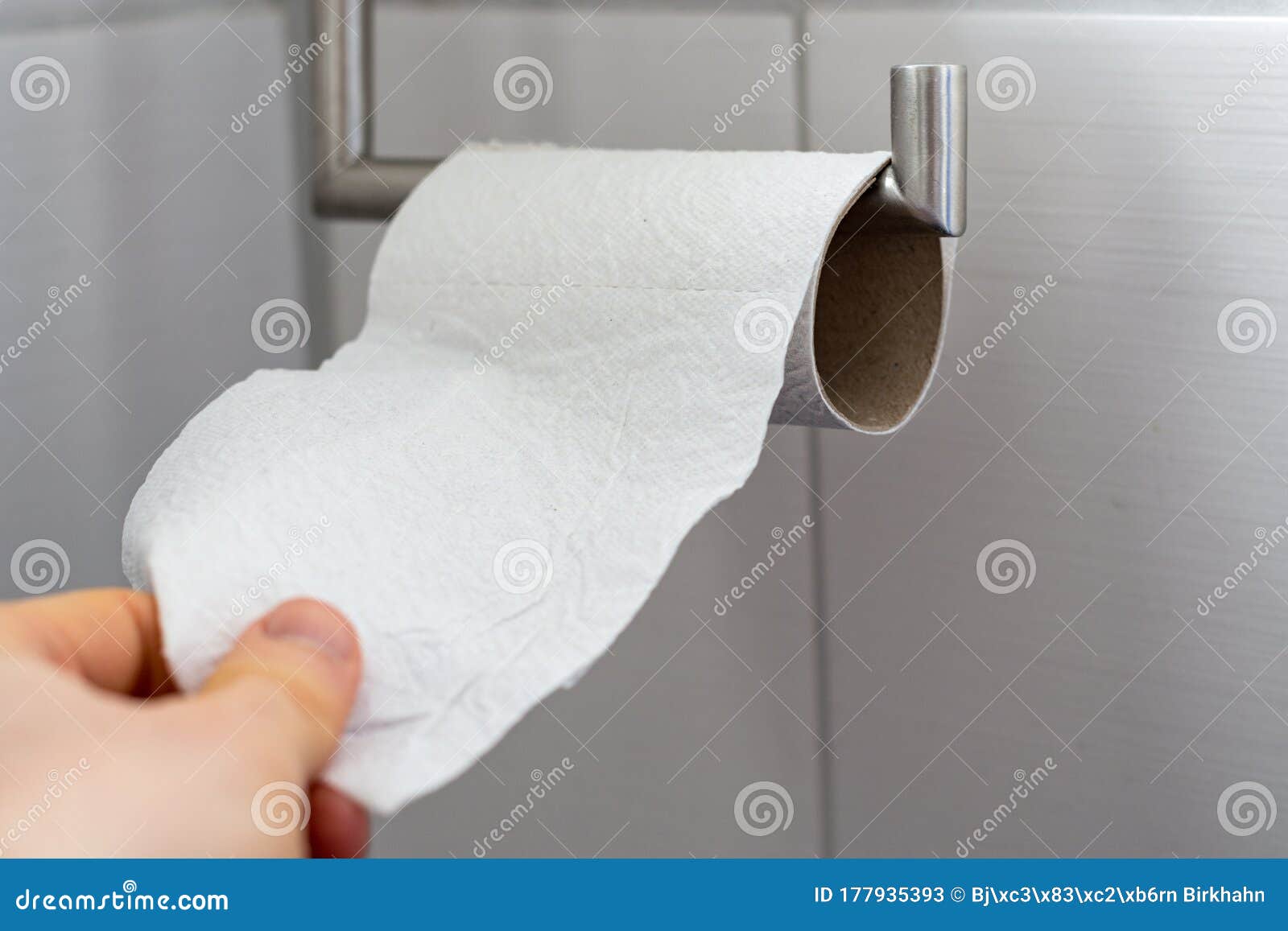 Man Grabs Toilet Paper from an almost Empty Roll Close Up Stock Image ...