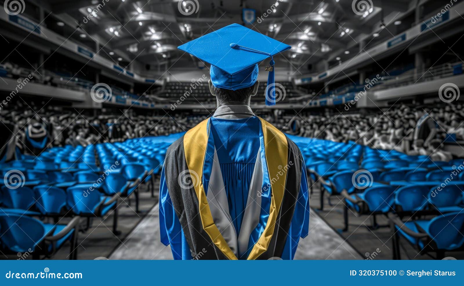 A Man in a Graduation Cap and Gown Standing Alone at an Empty ...