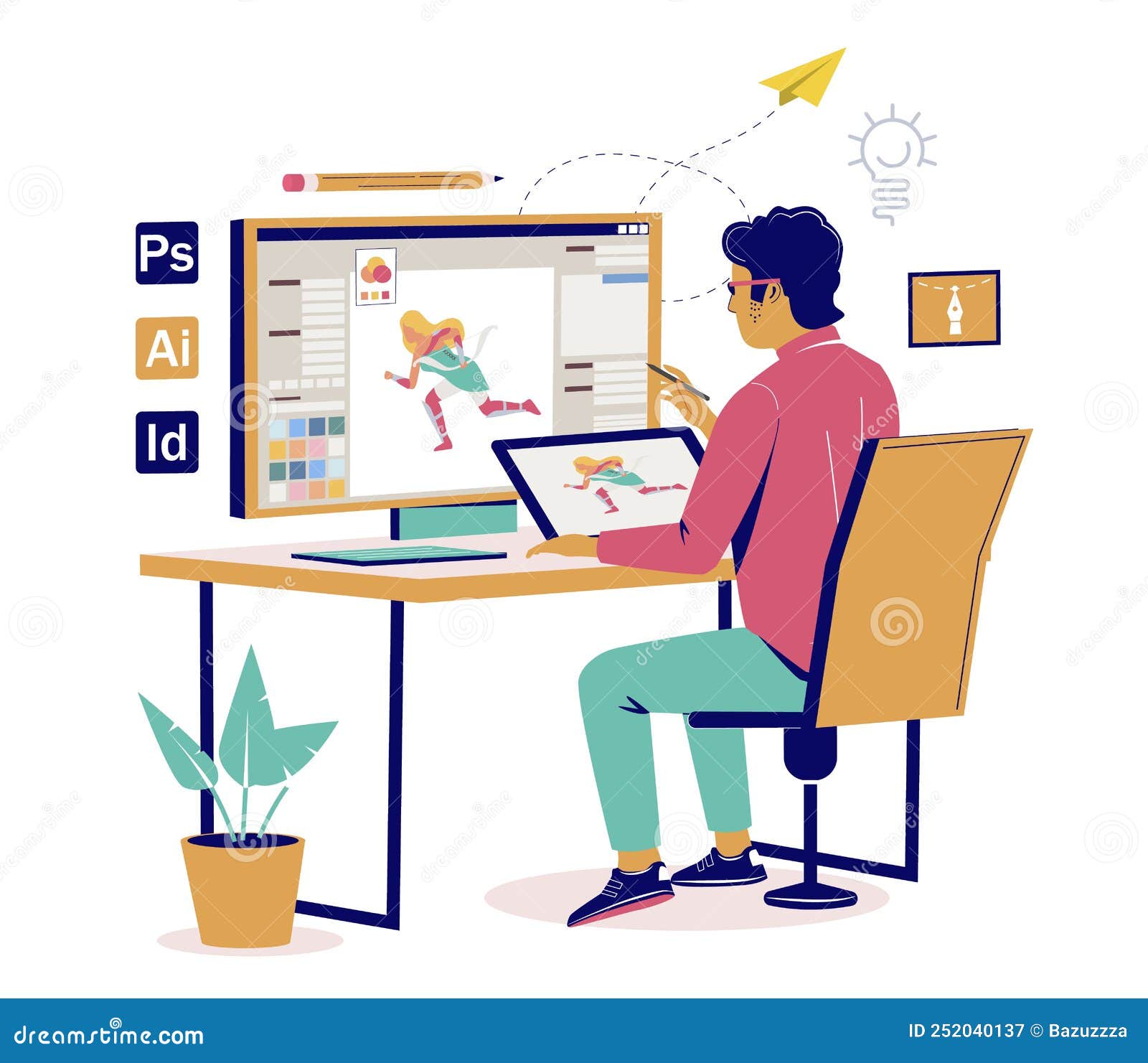 Man Graphic Illustrator Working at Computer Vector Stock Vector ...