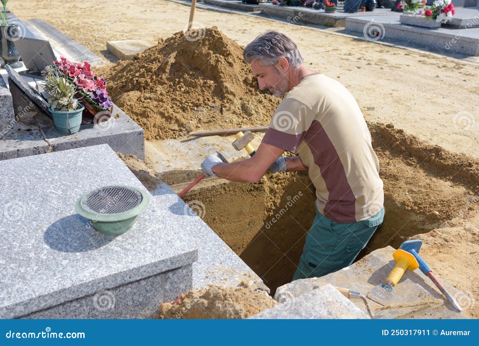 Man in Grave Using Hammer and Chisel Stock Image - Image of marble ...