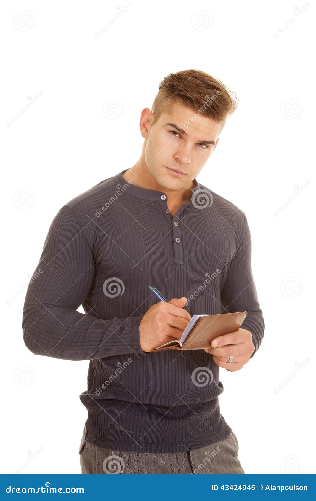 Man Gray Long Sleeve Shirt Write Out Check Serious Stock Image - Image ...