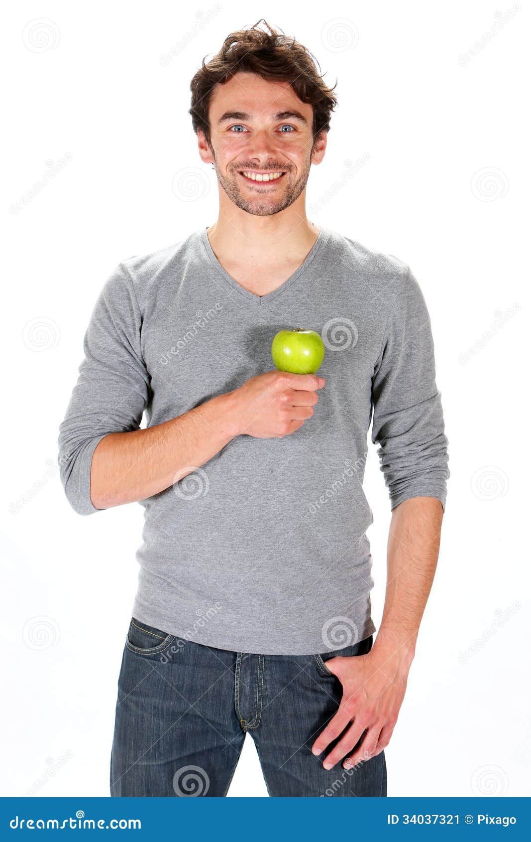 Man and green apple stock image. Image of adult, pause - 34037321