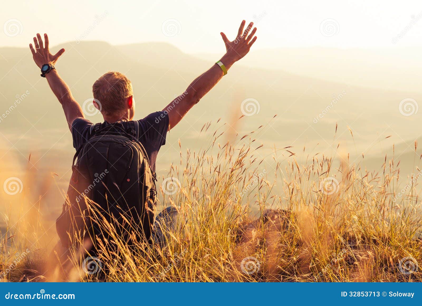 Man Greeting Golden Rising of the Sun Stock Image - Image of people ...