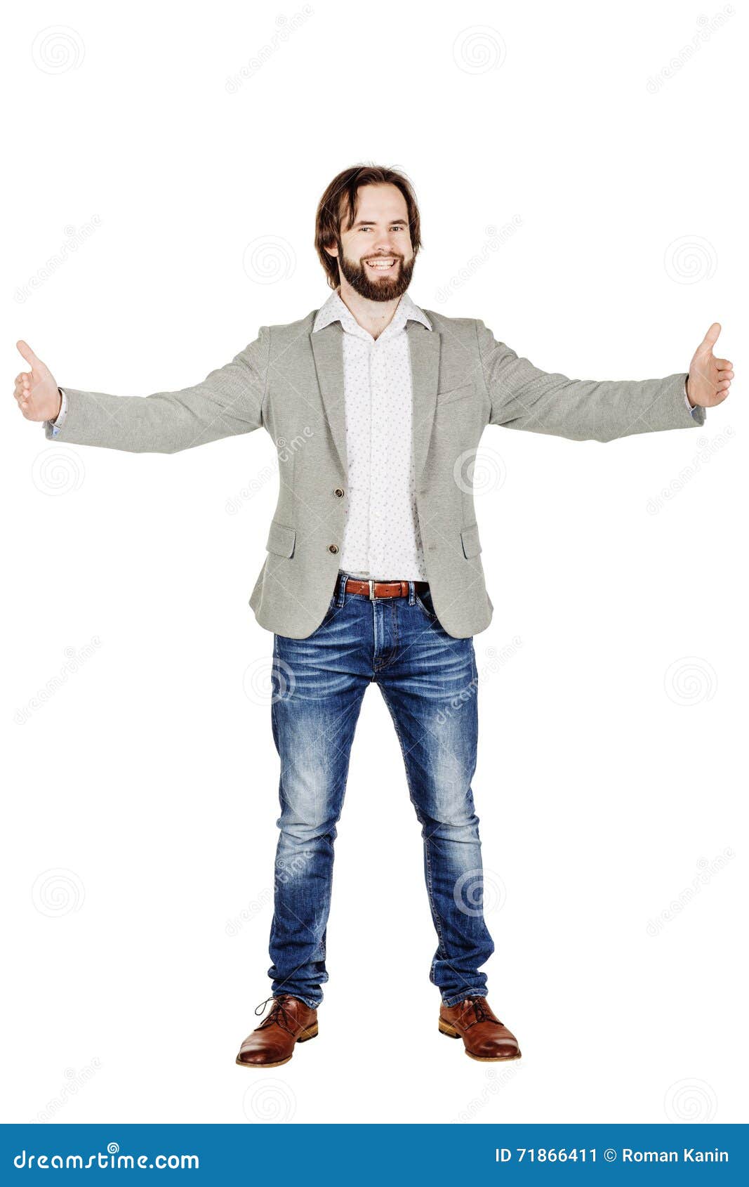 Man in a Grey Jacket Holding Two Hands in Front of Him and Shows Stock ...