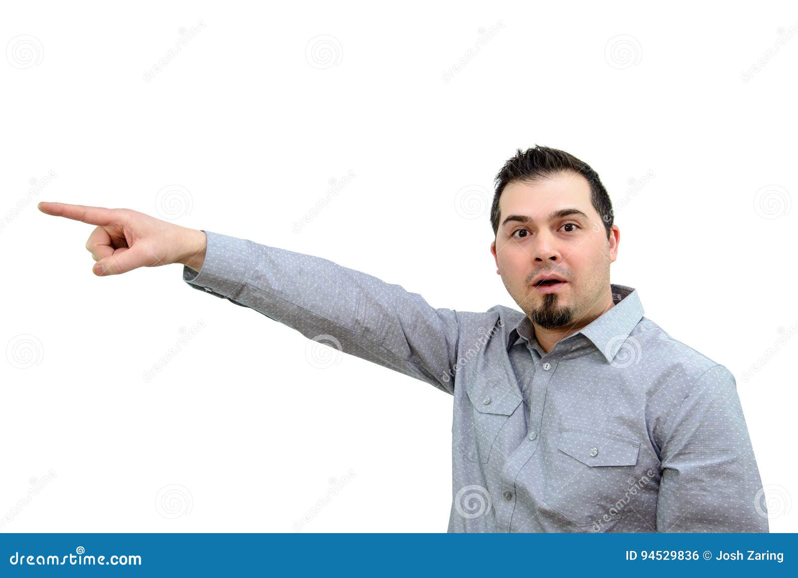 Man in Grey Shirt Pointing Expressively on White Backdrop Stock Photo ...