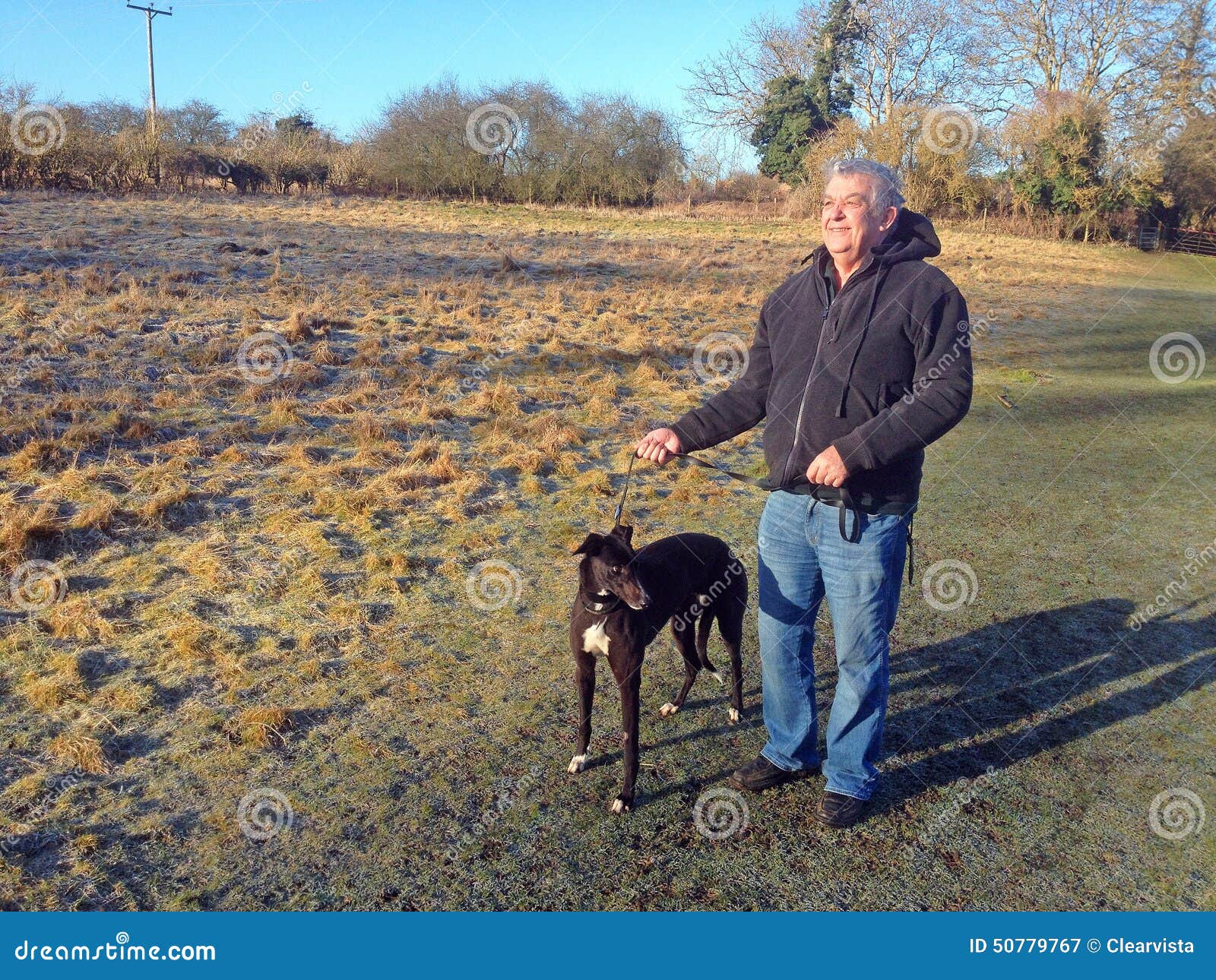 Man with Greyhound Dog on a Leash. Stock Image - Image of sunshine ...