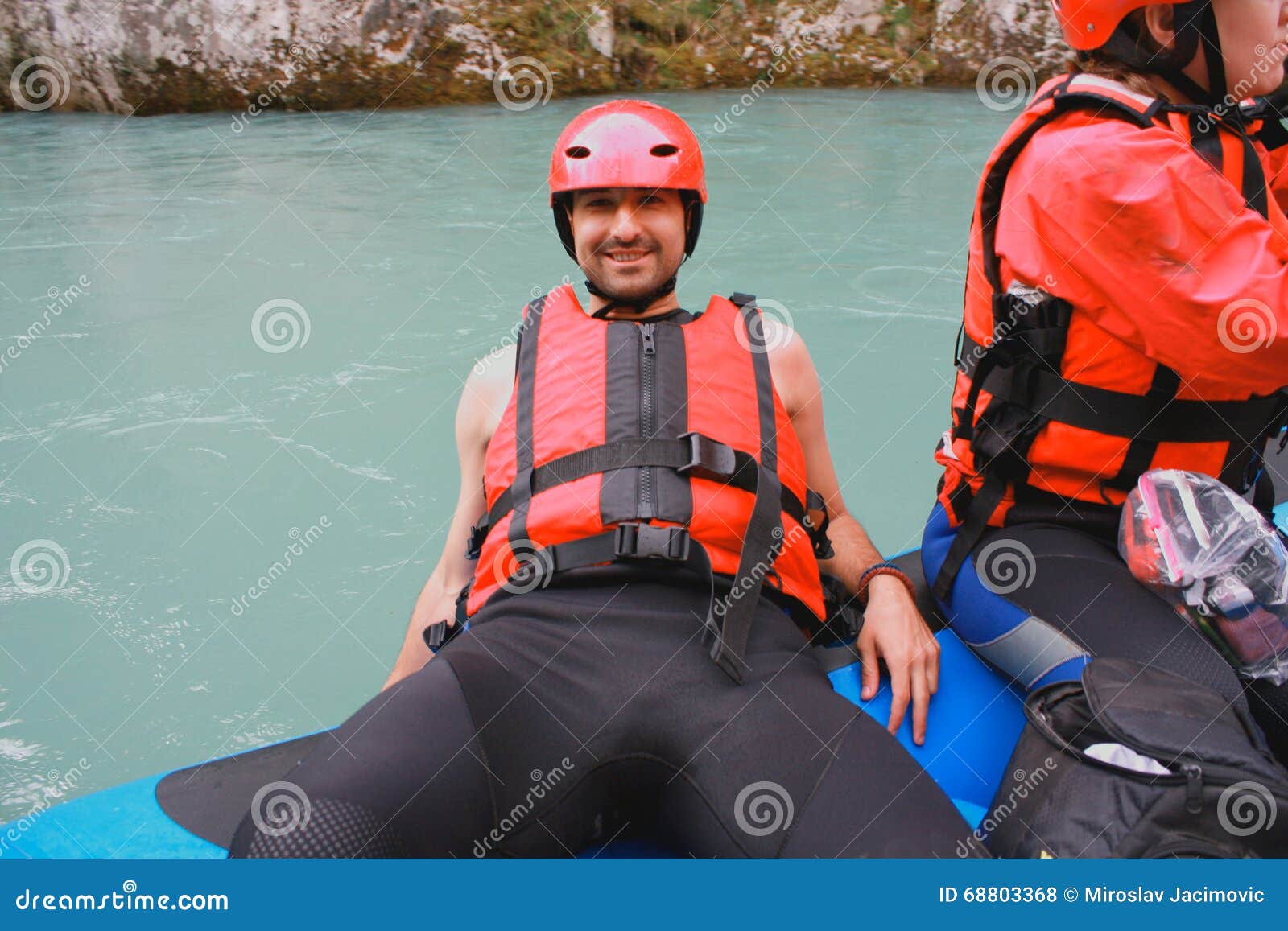 Man with Guide Whitewater Rafting and Rowing on River Stock Photo ...