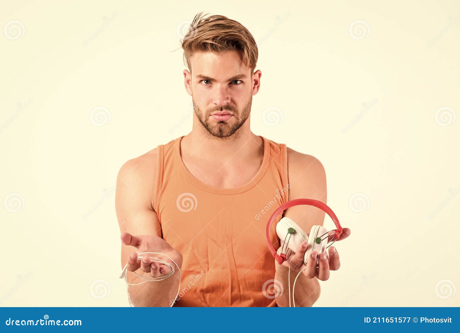 Man Guy Listening Music Headphones White Background Music Fan Concept