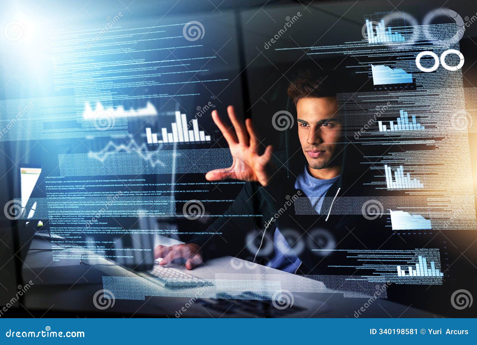 Man, Hacker and Hologram for Coding at Night with Software Programming ...